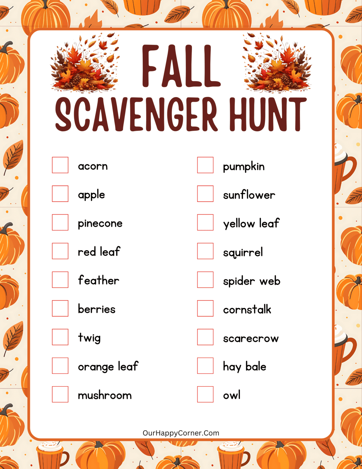 Free Fall Scavenger Hunt Printable - Our Happy Corner