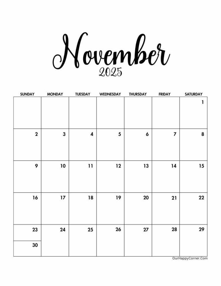 Free Printable November 2025 Calendar - Our Happy Corner