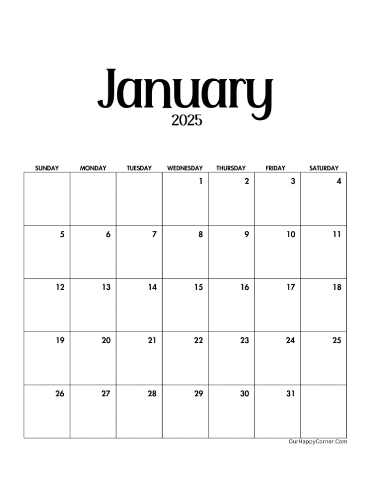 January 2025 Calendar Free Printables - Our Happy Corner