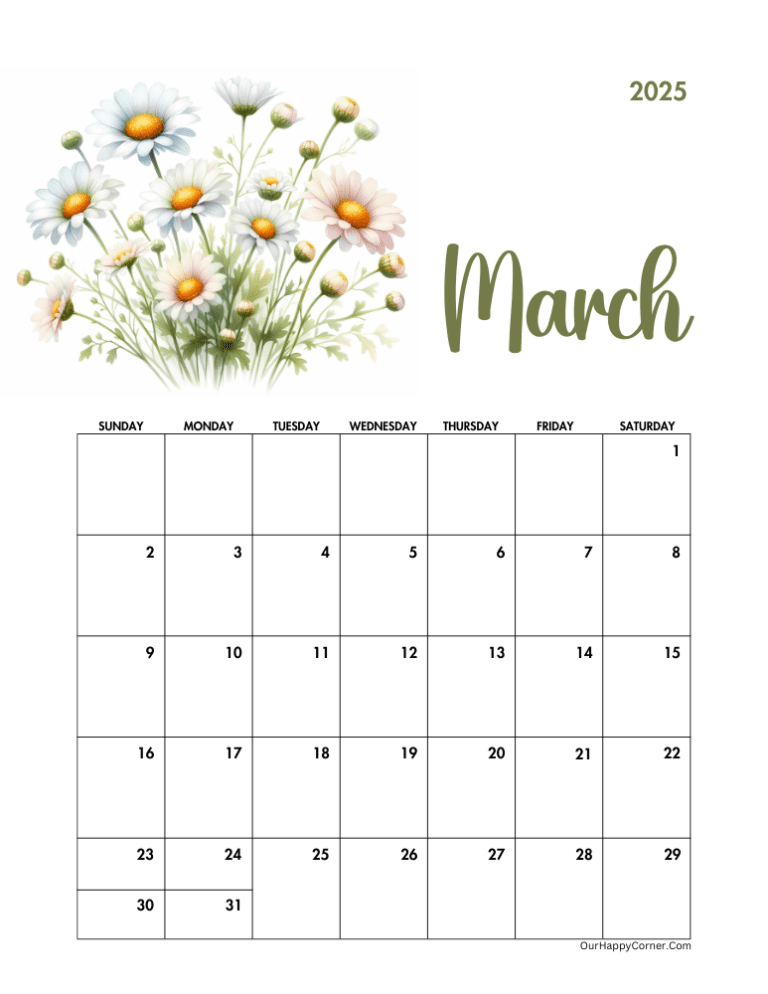 Free Printable March 2025 Calendar - Our Happy Corner