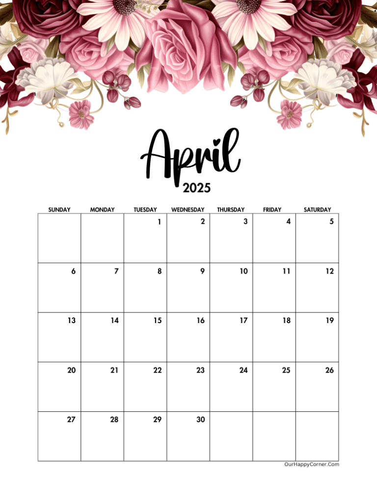 Free Printable April 2025 Calendar - Our Happy Corner