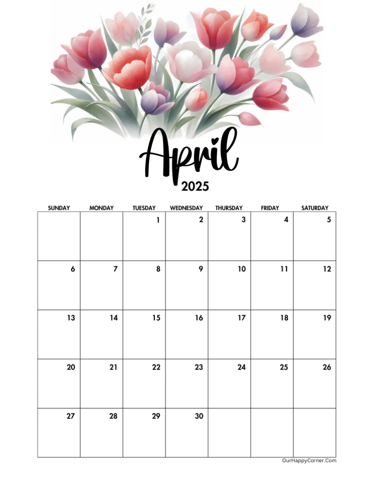 Free Printable April 2025 Calendar - Our Happy Corner