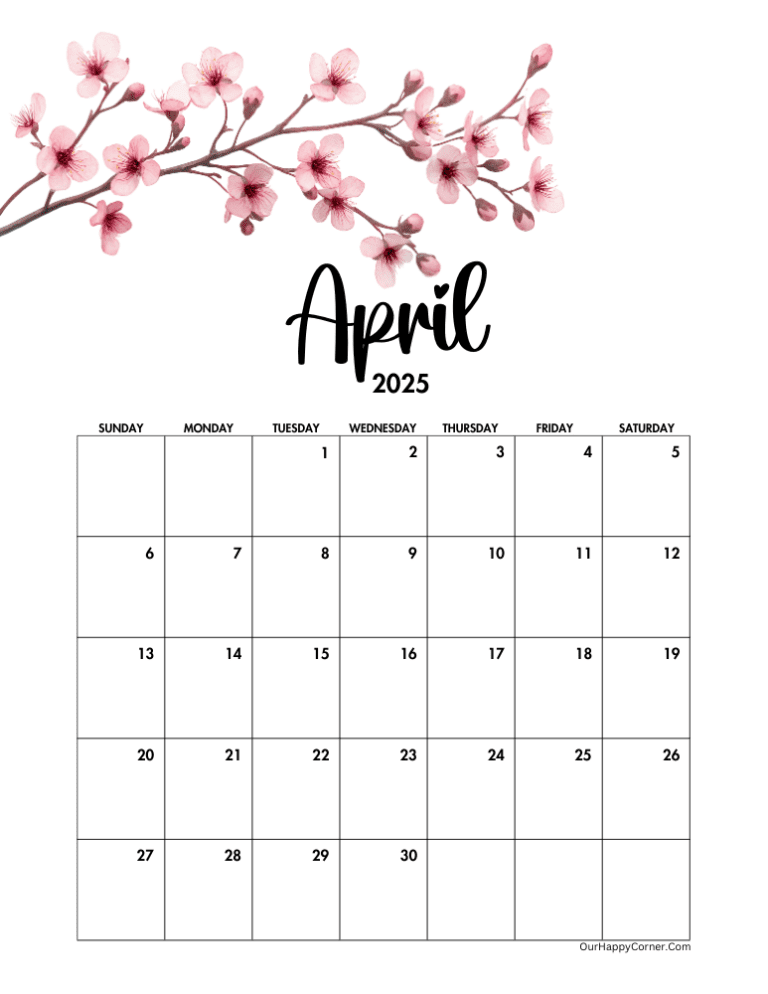 Free Printable April 2025 Calendar - Our Happy Corner