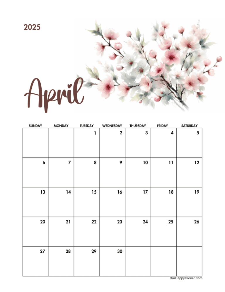Free Printable April 2025 Calendar - Our Happy Corner
