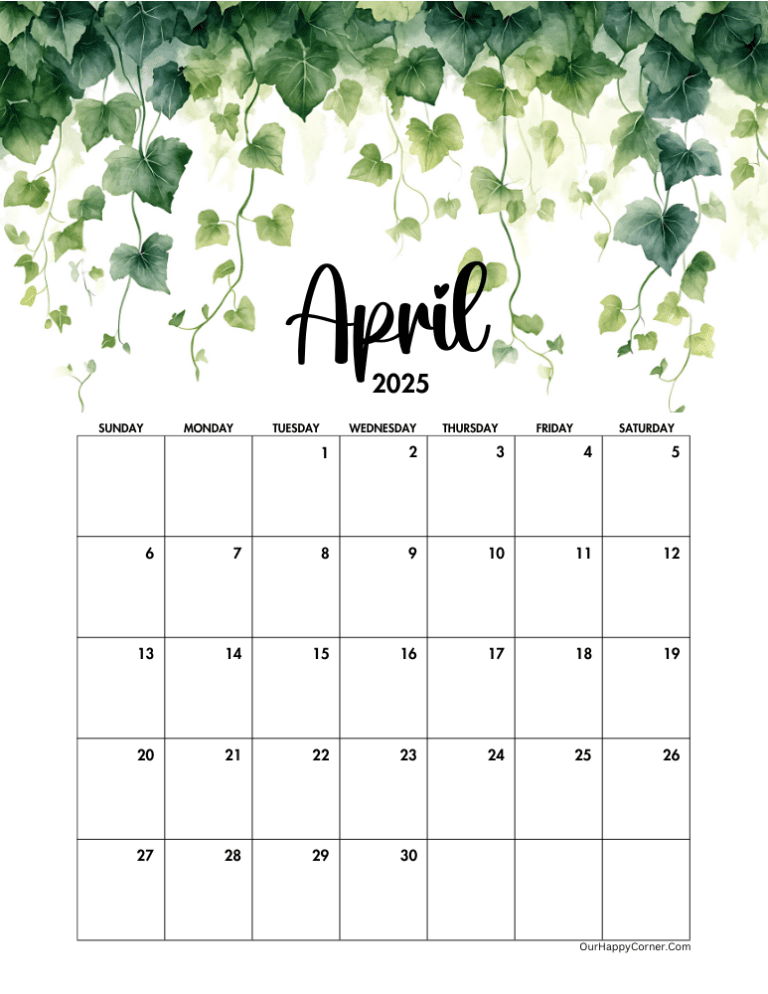 Free Printable April 2025 Calendar - Our Happy Corner