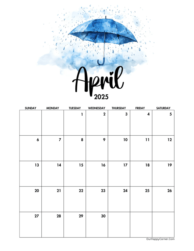 Free Printable April 2025 Calendar - Our Happy Corner