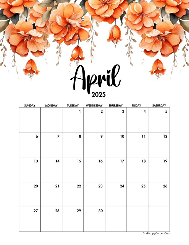 Free Printable April 2025 Calendar - Our Happy Corner