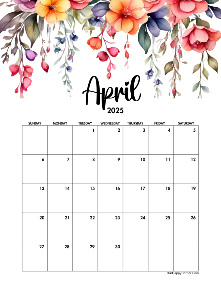 Free Printable April 2025 Calendar - Our Happy Corner