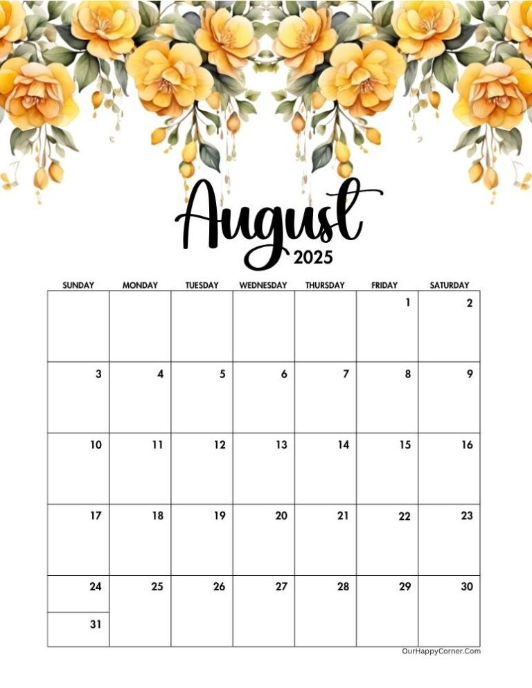 Free Printable August 2025 Calendar - Our Happy Corner